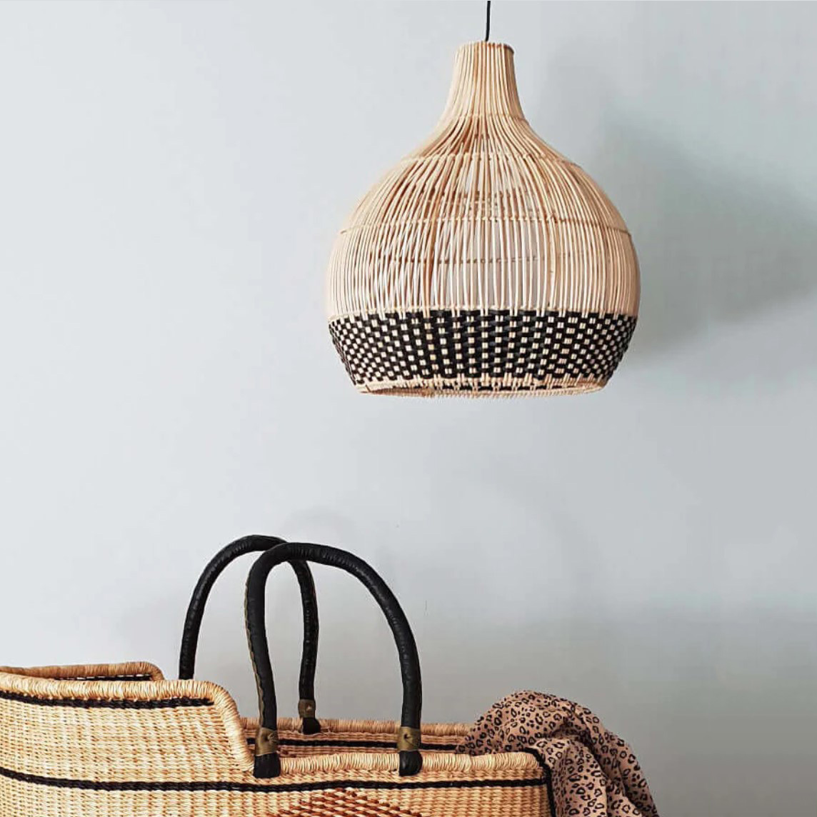 Bottom Black Rattan Light Shade, Rattan Pendant Light Fixture