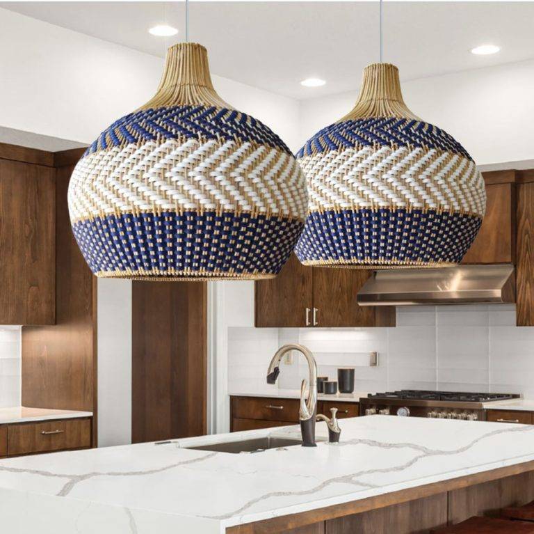 Blue and White Rattan Light Fixtures, Woven Rattan Pendant Light ...
