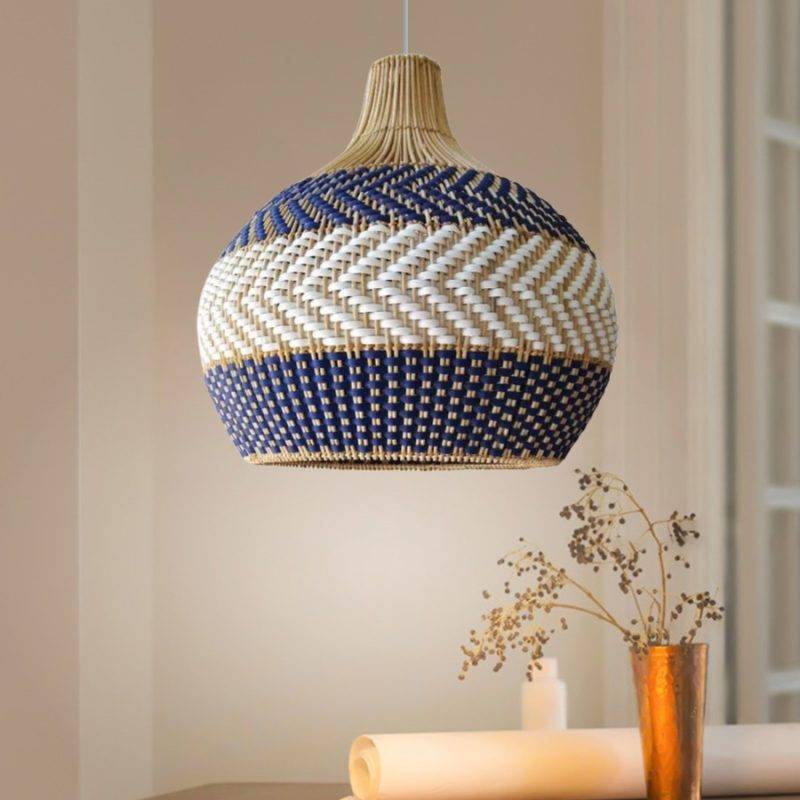 Blue and White Rattan Light Fixtures, Woven Rattan Pendant Light ...